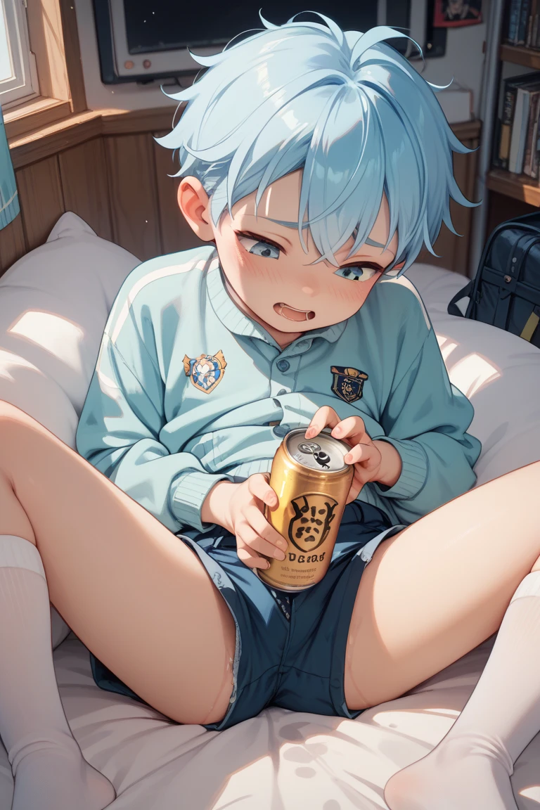 Shota, who has light blue hair, can't afford it while closing her eyes tightly - SeaArt AI