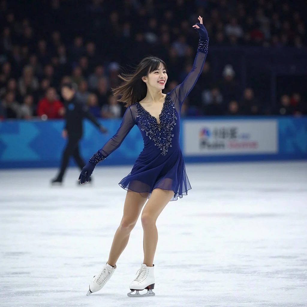 35 year old Japanese woman figure skating、ice skating arena with black ...