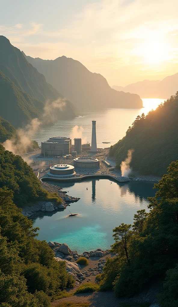 Cinematic view of Japanese geothermal power plant with hot springs ...