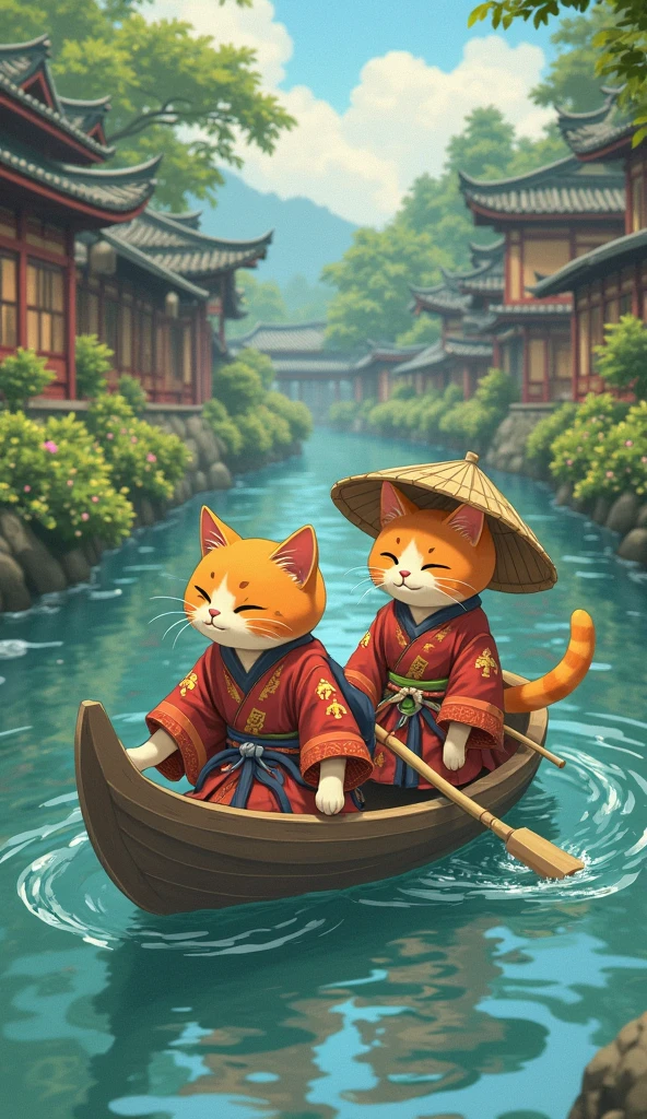 "A Ghibli style Two orange cats in an old japanese style canoe ...