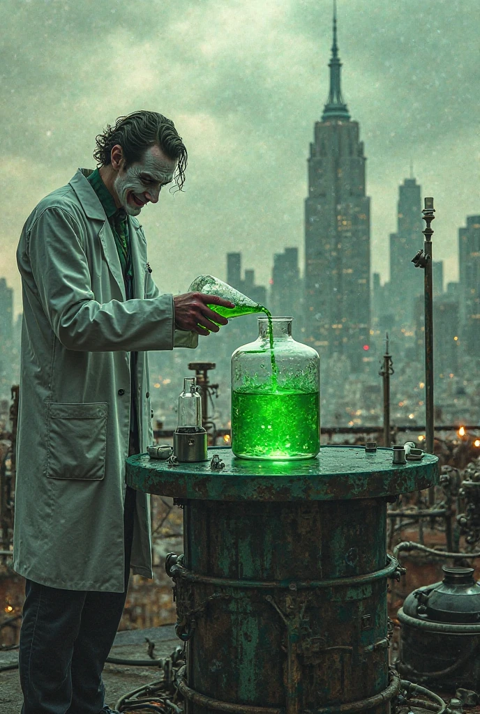 Doctor joker pouring a green fluid from a flat bottomed flask into a ...