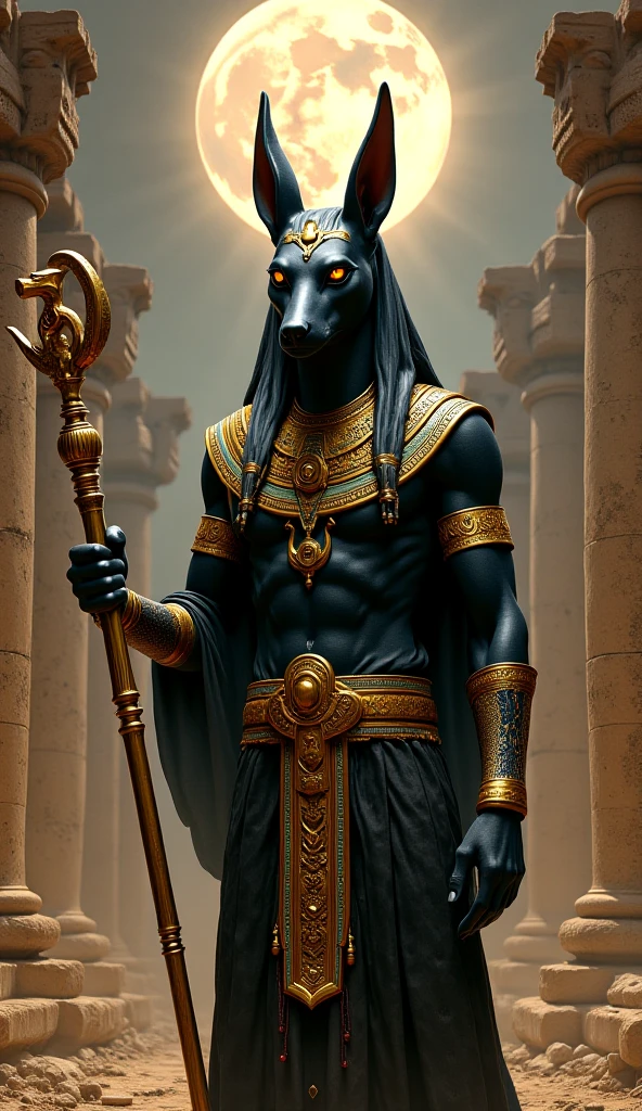 An imposing Egyptian god, Anubis , with the head of a jackal Black and ...