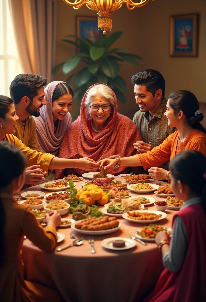Festive family gathering" – A multi-generational family dressed in ...