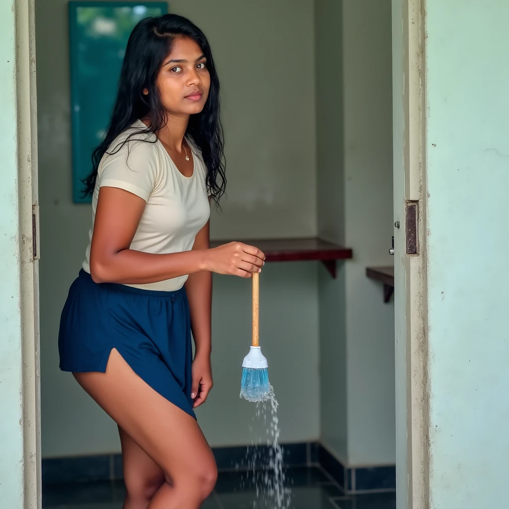 Srilankan 25 years skinny girl with wet black frock cleaning changing room sight - SeaArt AI