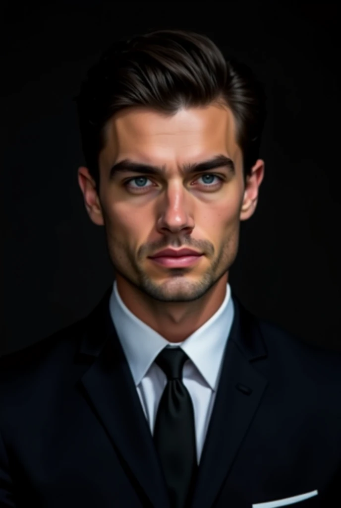 Brunette man slicked back style hairstyle straight eyebrows and blue ...