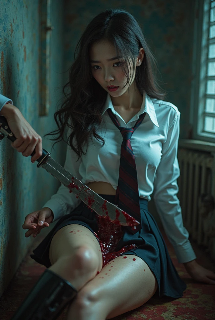 A beautiful Asian woman is being stabbed in her thigh with a cutter in ...