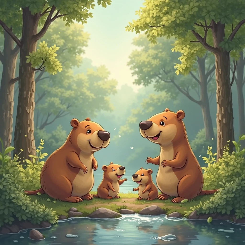 Create for me capybara family with father mother and 4 ren happy beside ...