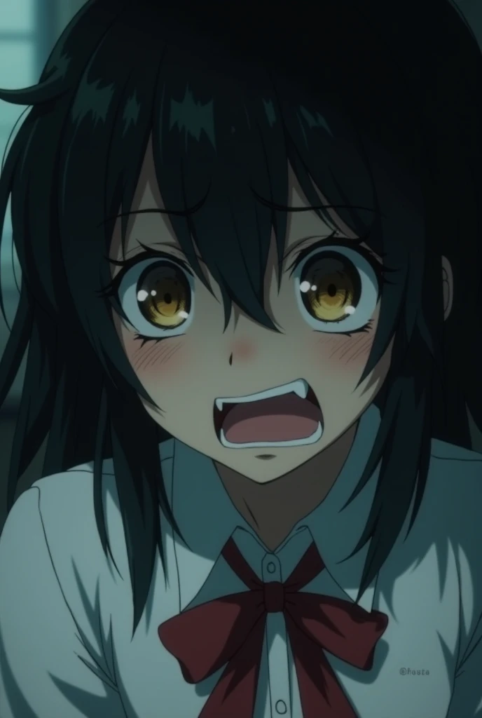 Close-up of a girl with disheveled dark lettuce hair and a haunted ...