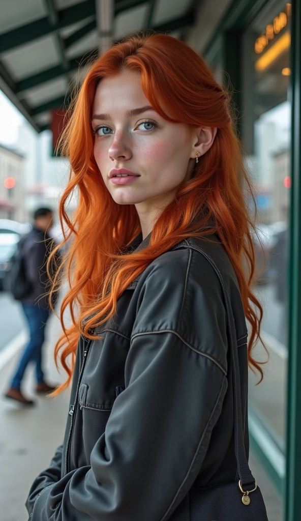 Redhair blue eyes Natural face waiting for the Bus - SeaArt AI