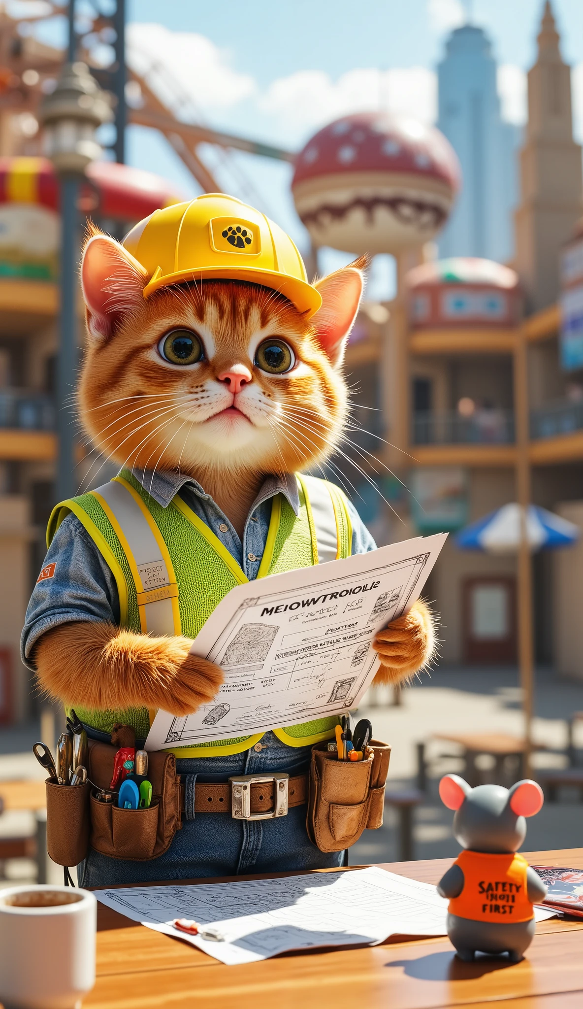 A construction site supervisor cat wearing a helmet during a meeting
