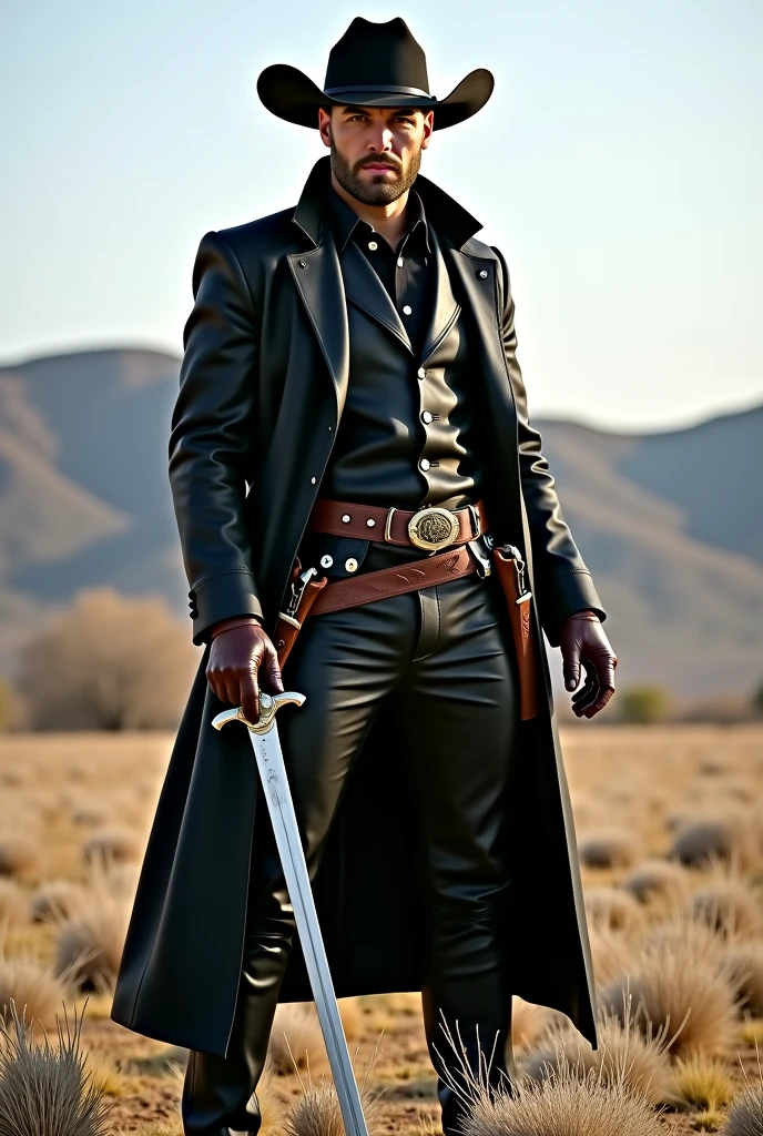 Cowboy attire, black leather outfit, long black coat, dark brown ...