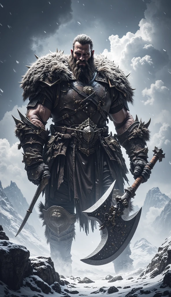 A fierce Viking barbarian warrior standing in the middle of a snow ...