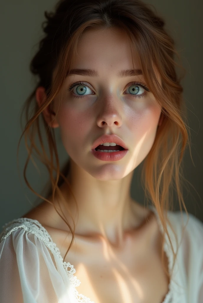 A woman with large, expressive blue eyes and slightly tousled chestnut ...