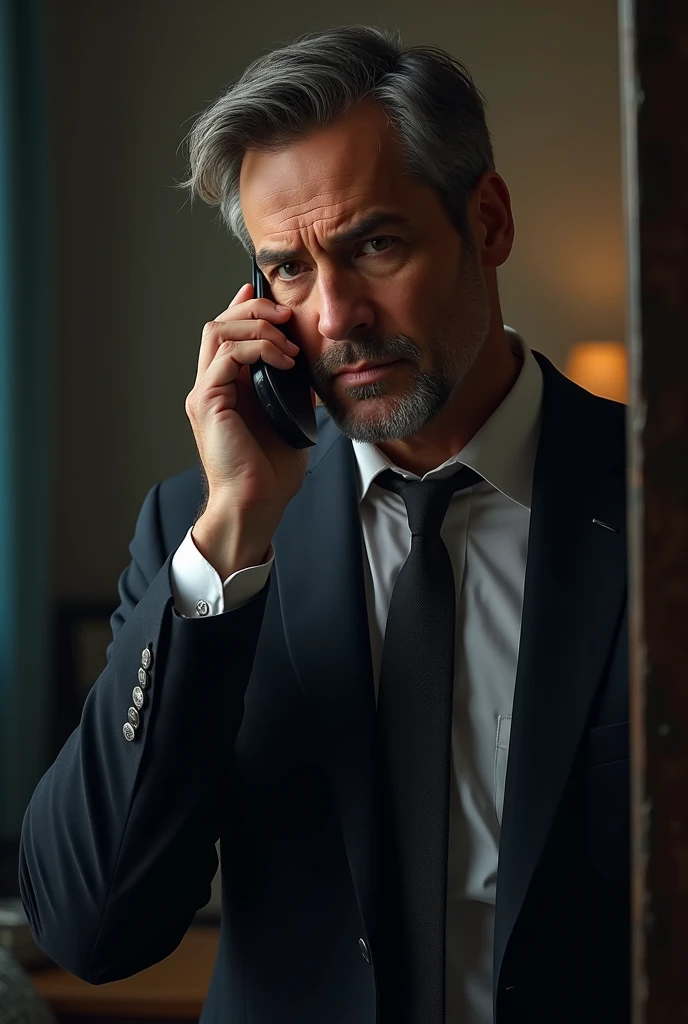 Man from the side talking on the phone, with an expression of nervousness - SeaArt AI