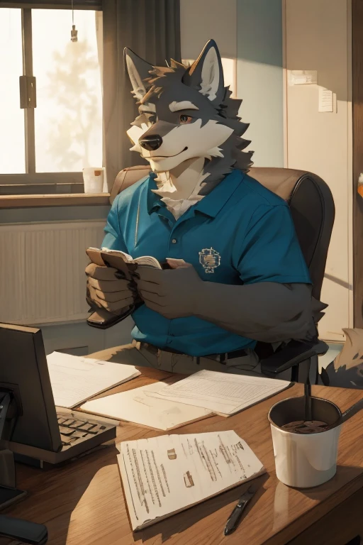 A furry wolf with gray fur and wearing white and blue clothes - SeaArt AI