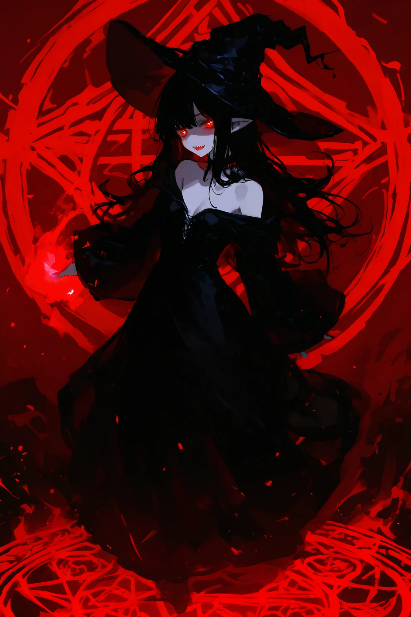 Witch with red orb and black dress in front of red background - SeaArt AI