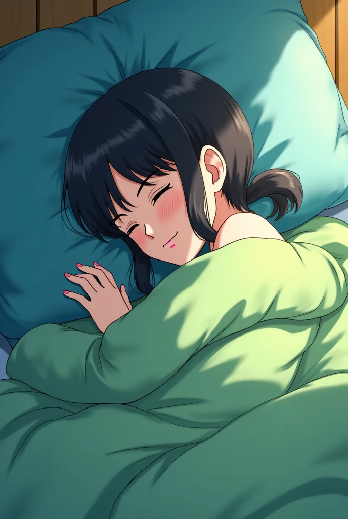 Realistic anime girl sleeping with blue pillow inside green quilt ...