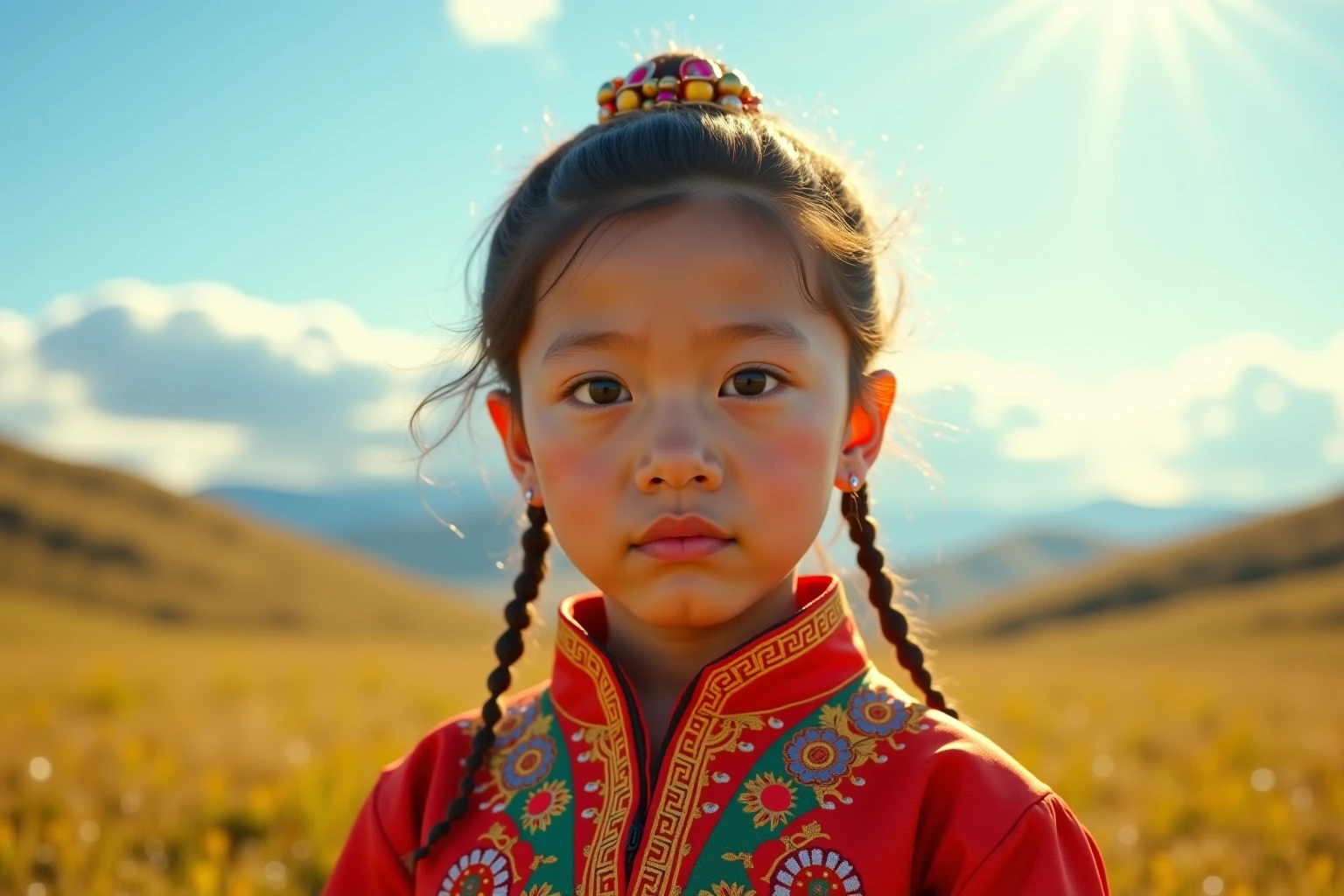 Nine year old mongolian girl ancient mongolian dress, detailed facial ...