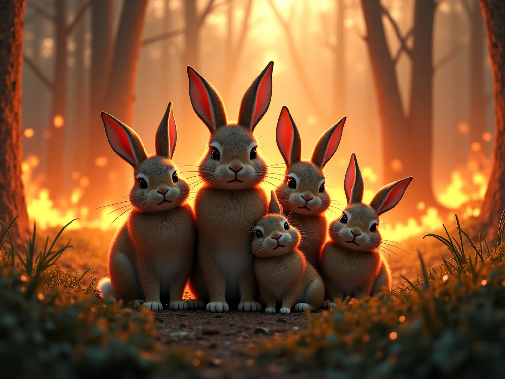 A herd of rabbits with their young in the middle of a forest incident ...
