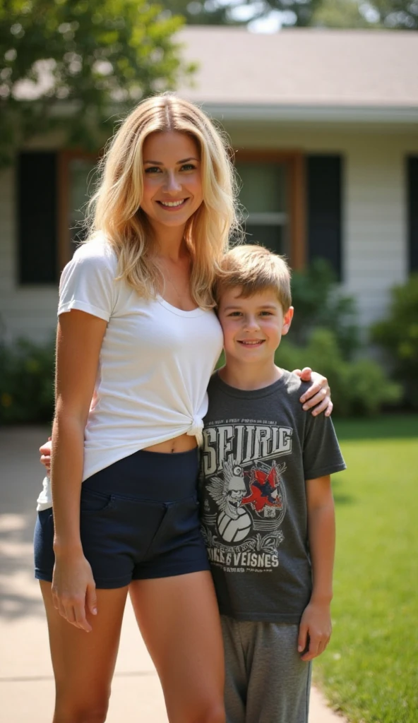 Sexy photo realistic casual family selfie pov in the front yard - SeaArt AI