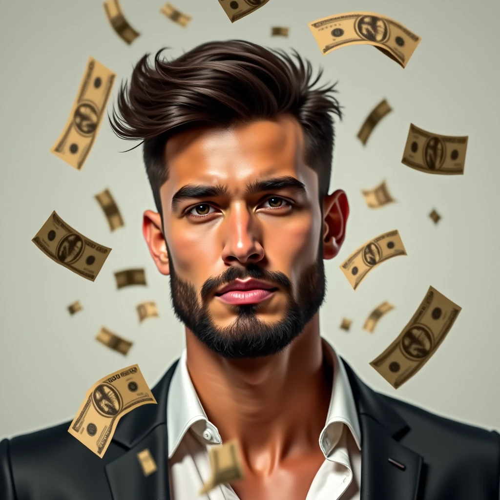 Young brown man with sexy little beard with a shower of bills - SeaArt AI
