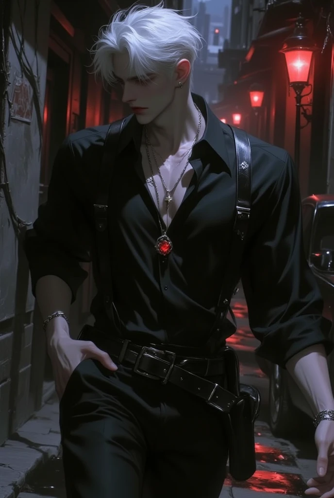 A tall and imposing man walks down a dark alley, dimly illuminated by ...
