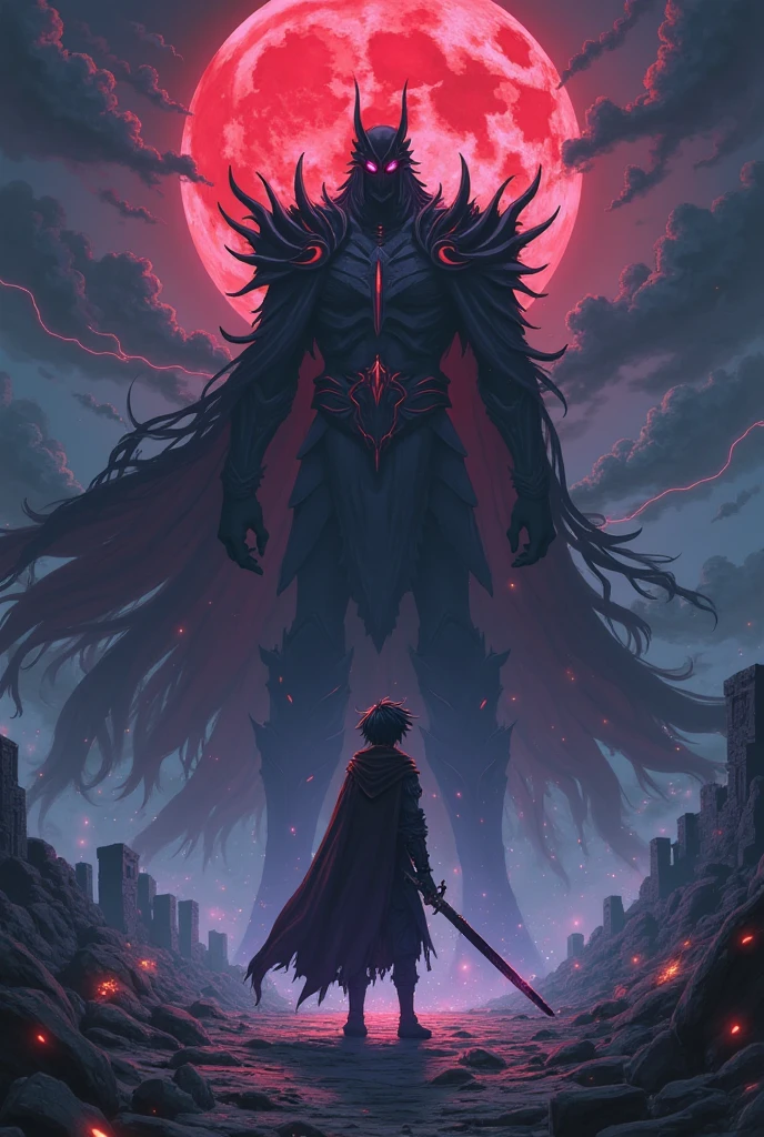 A dark fantasy anime scene, a powerful young warrior with black hair ...