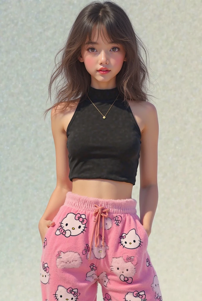 Create a girl who looks realistic and wears fluffy Hello Kitty pants ...