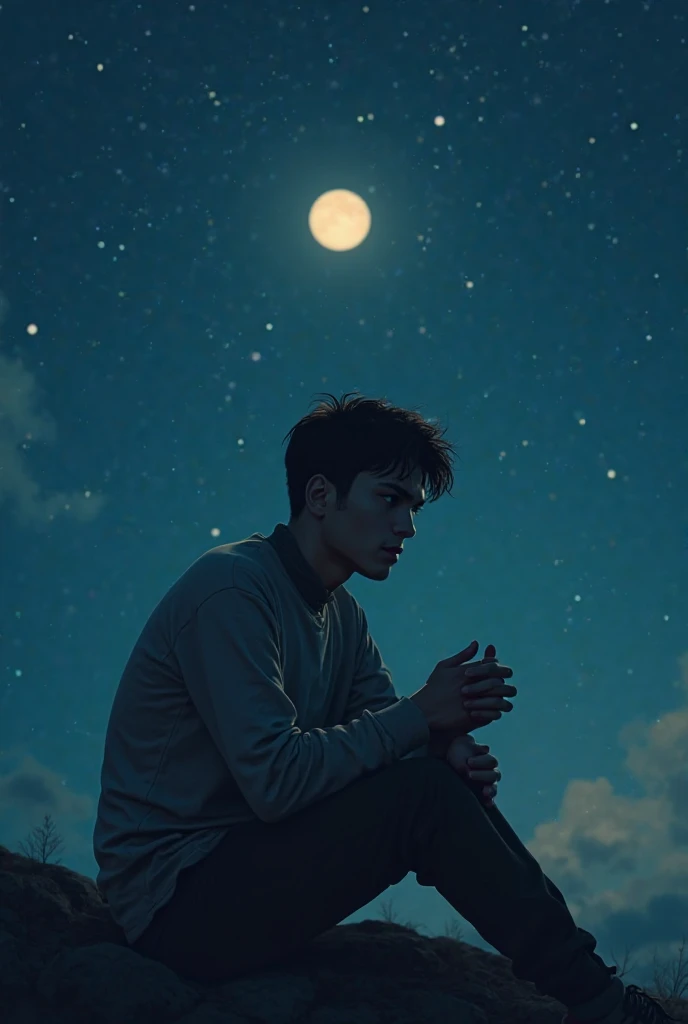 One young men sitting alon in night and thinking deeply - SeaArt AI