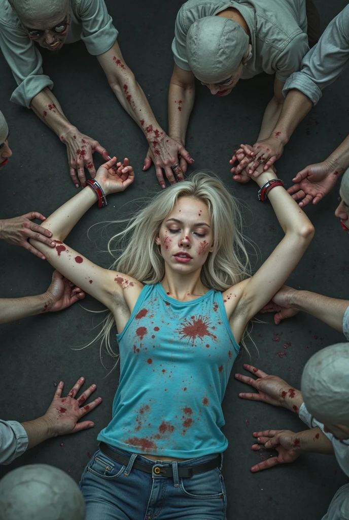 young dead albina girl with long straight hair lying down in a street ...