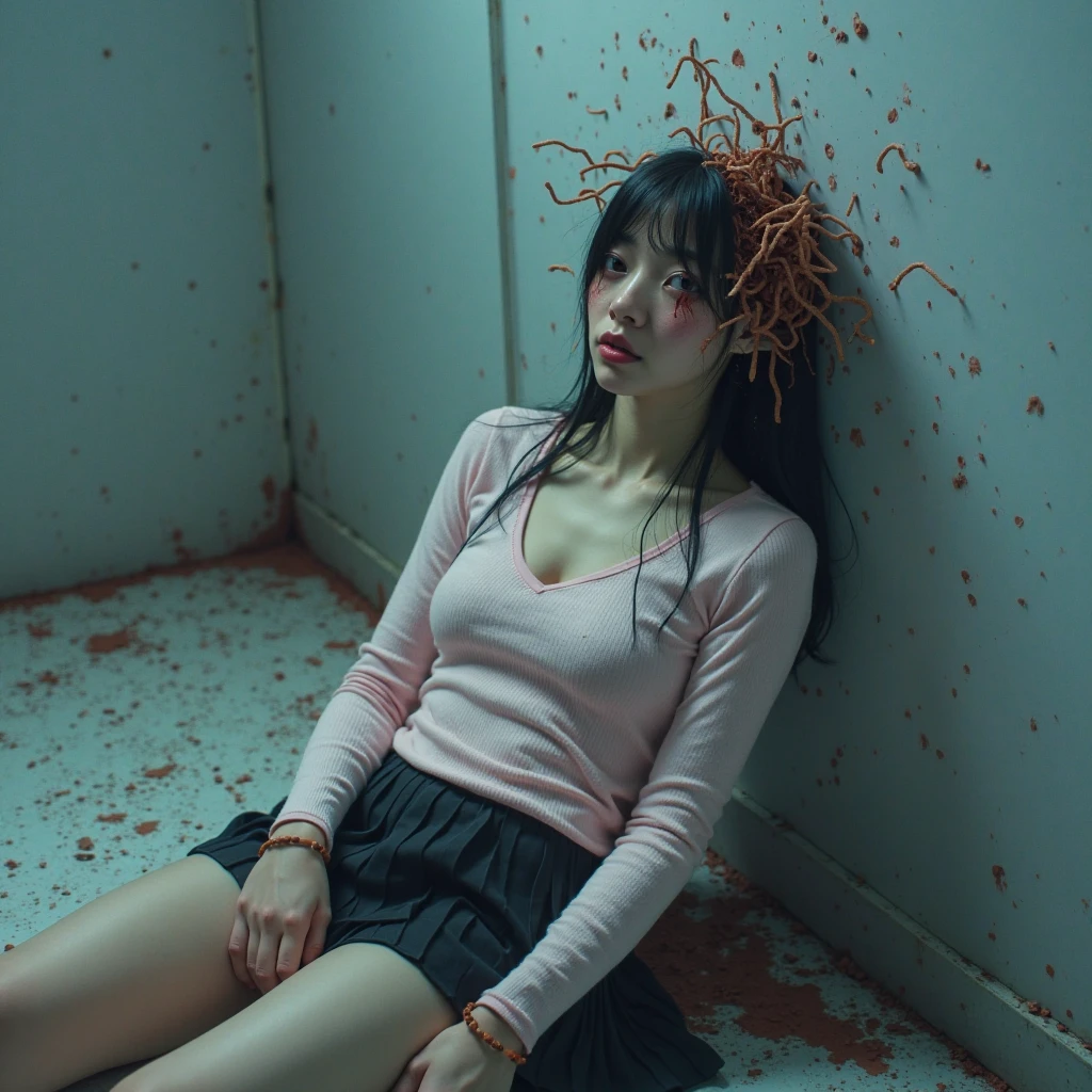 Full body, pale 20 year old dead Asian girl on the ground, slumped ...