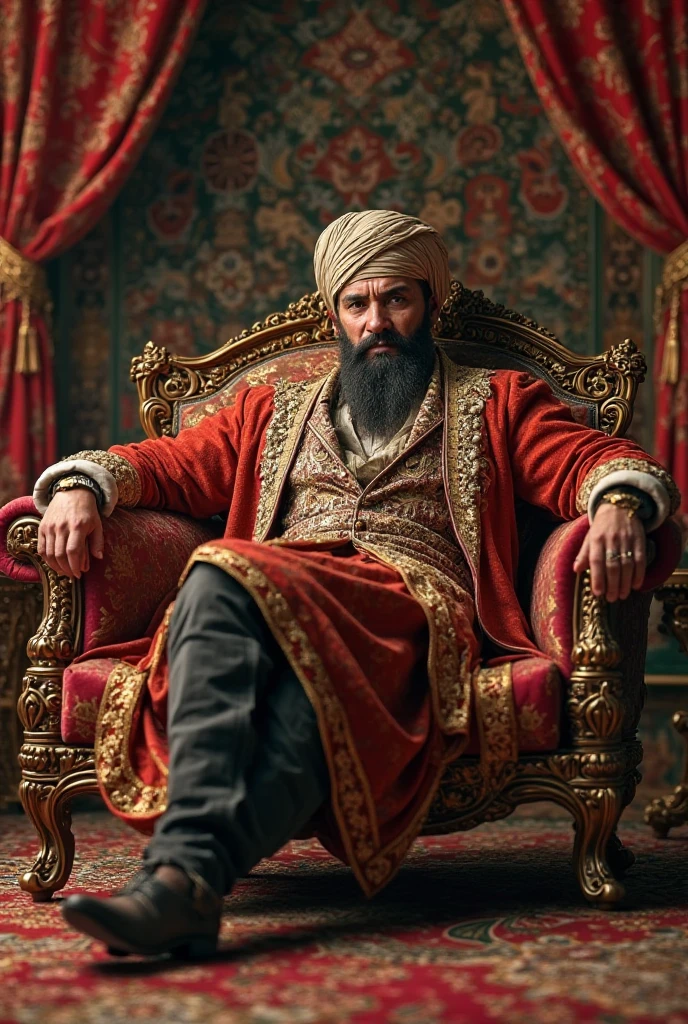 Turkish pasha sits on the couch with his legs spread down view - SeaArt AI