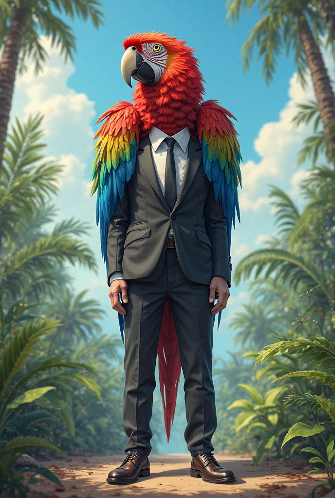 Make a macaw with a big foot with the body of a man in a suit - SeaArt AI