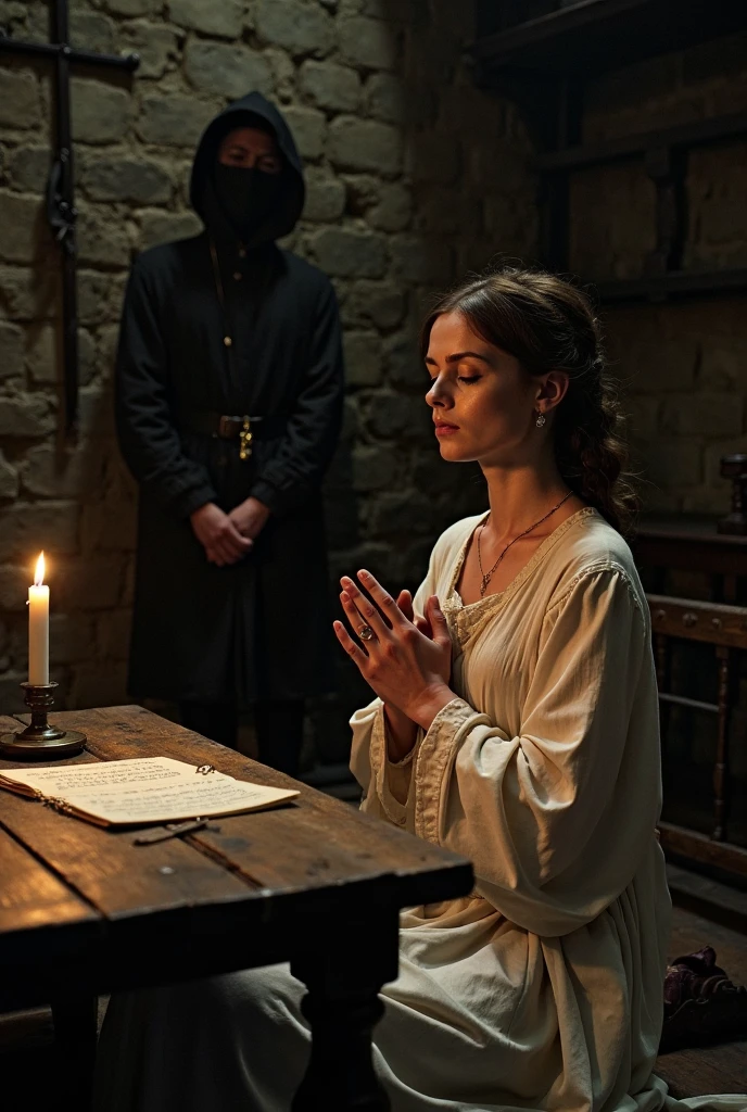 A cold, dimly lit cell in the Tower of London, illuminated only by the ...