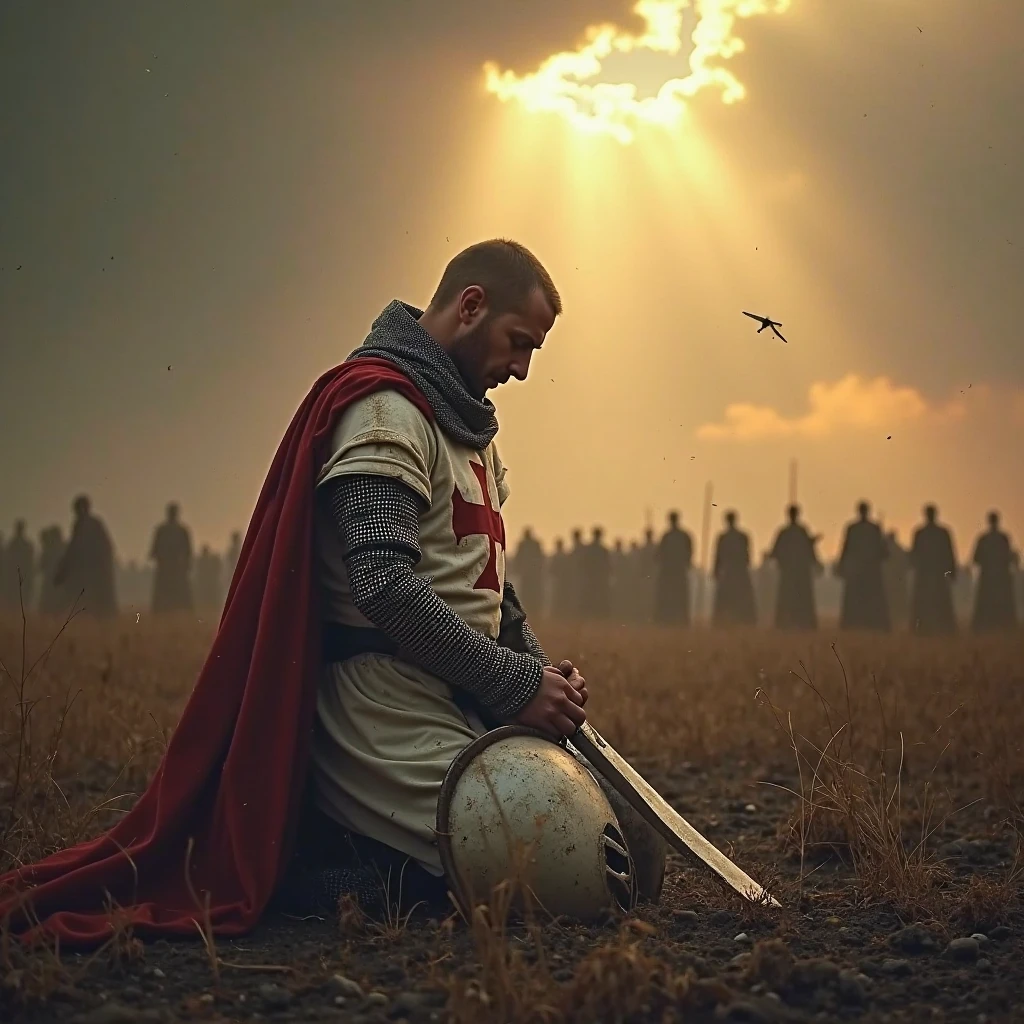 A Knight Templar kneeling in the middle of a battlefield, your white ...