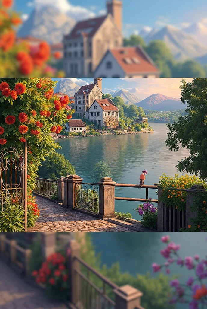 A small village by the river, mountains in the background, colorful ...