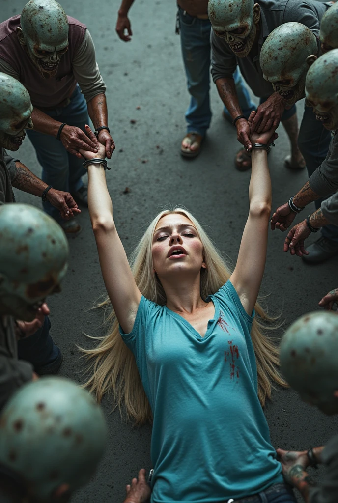 young dead albina girl with long straight hair lying down in a street ...