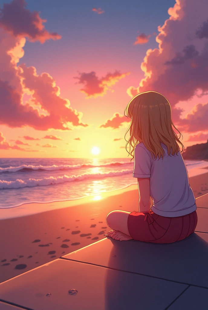 Blonde anime girl sitting on the sidewalk looking at the beach in the ...