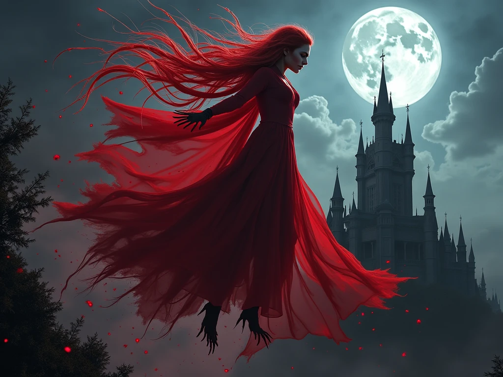 A vampiric blood witch levitates through the air above a gothic castle ...