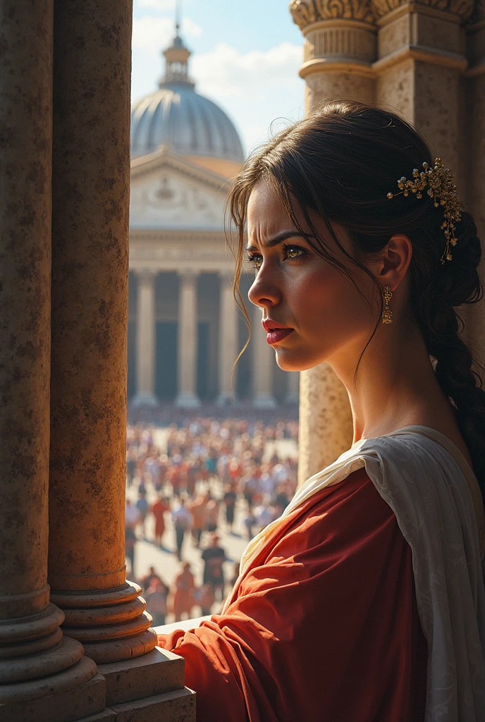 A woman watching a political assembly from a window, with an expression ...