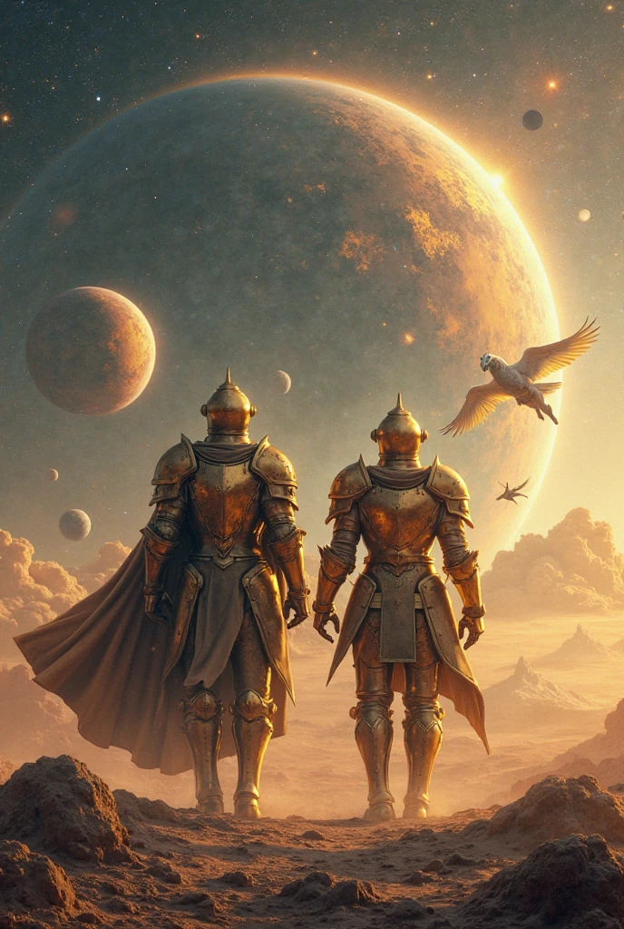 Make an image of two space knights wearing gold and copper armor in the ...