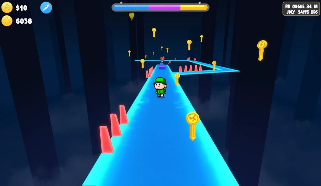 A 3D runner game scene set in a futuristic, neon-lit environment at ...