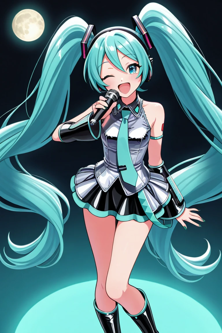 1 girl,,,VOCALOID,turquoise long twin tails holding a microphone ...