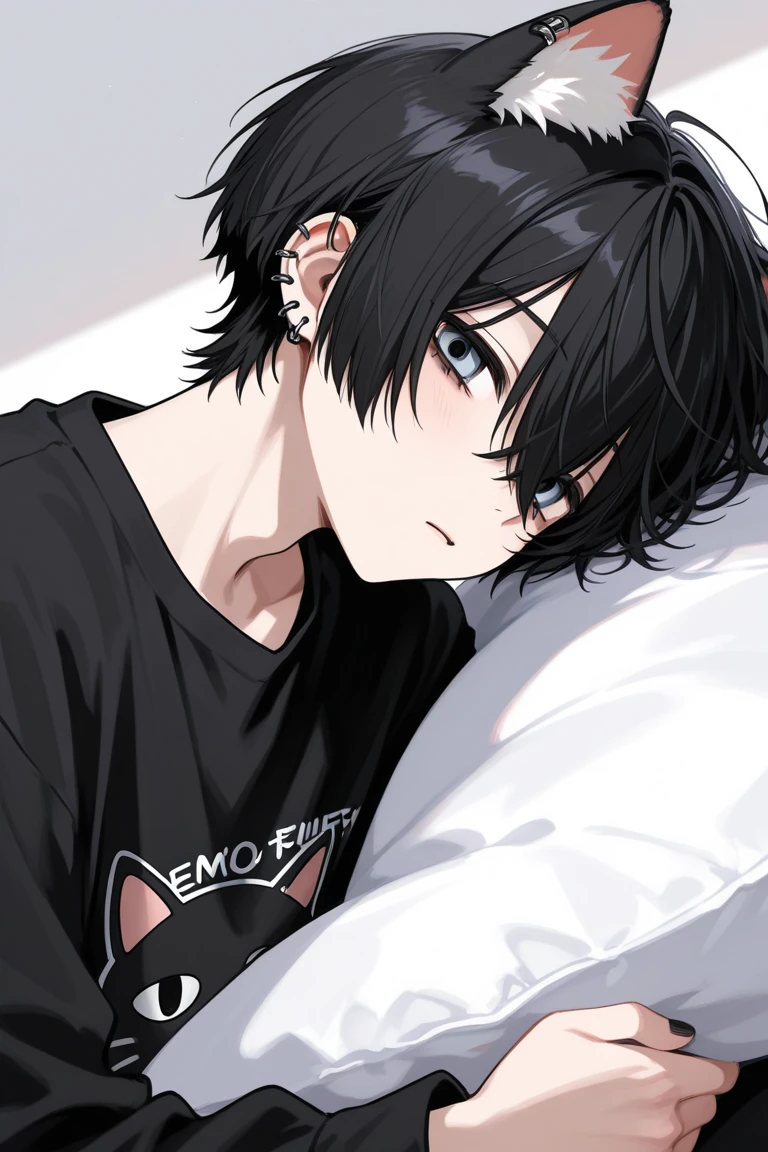 Emo cat boy with fluffy black hair and a hoddie on with ear rings ...
