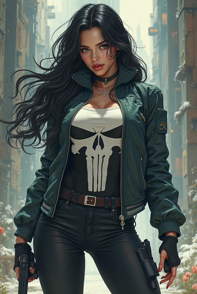 Female version of the Punisher(angelic face, women's jacket, long hair ...