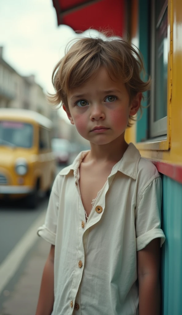 Poor kitten, old white shirt torn off, salivation, standing in front of ...