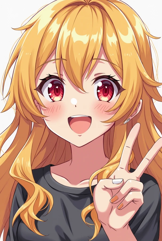 An anime woman with bright red eyes and long lashes and long layered ...