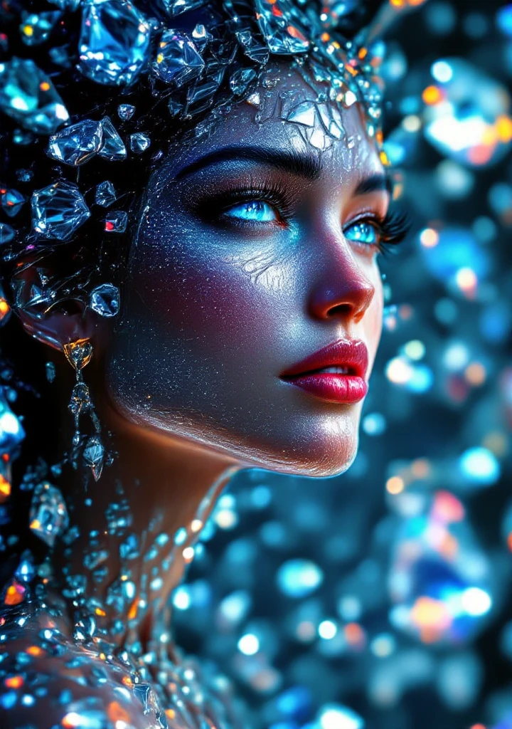Woman made of shiny diamond。blue eyes. super photo real 4k. On the move ...