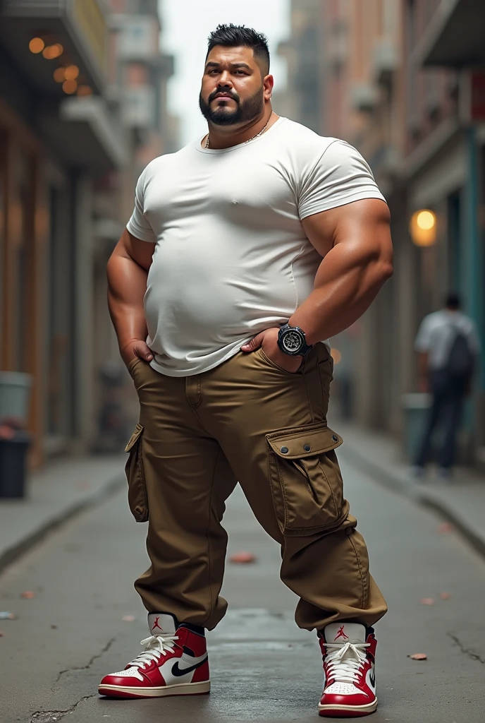 Create a 5"5 bulky man of asian descent wearing red air jordans white ...