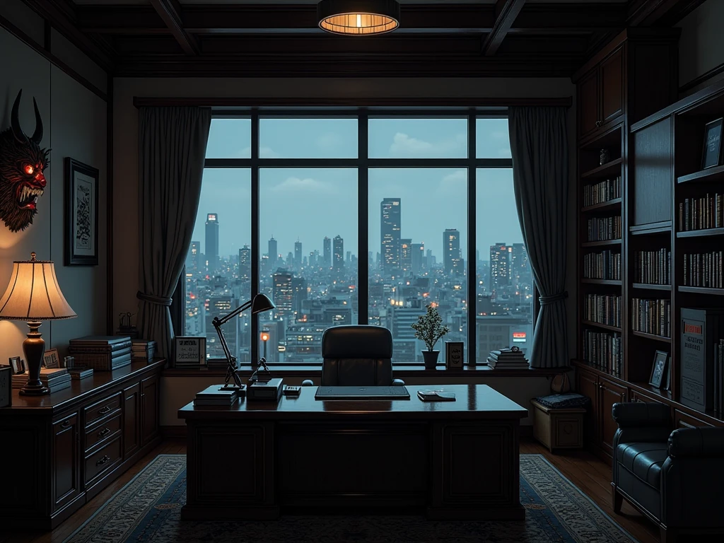 Yakuza office, no people, looking over desk pov, japan, tengu mask on wall - SeaArt AI